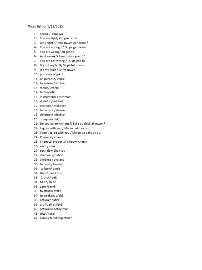 Haitian Creole Vocabulary List | PDF