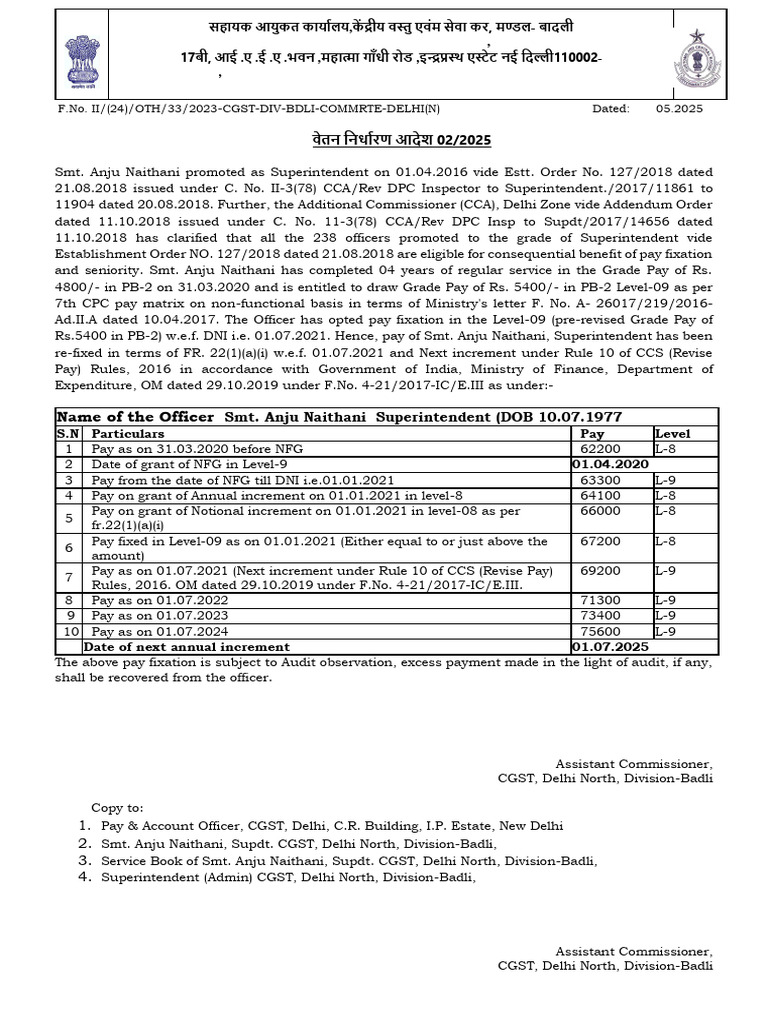 Pay Fixation Order for Smt. Anju Naithani | PDF | Government
