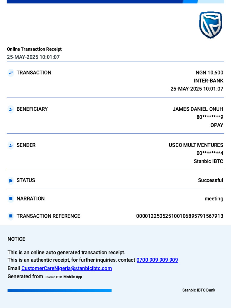 Receipt for Transfer to JAMES DANIEL ONUH 25 MAY 2025 100107 | PDF