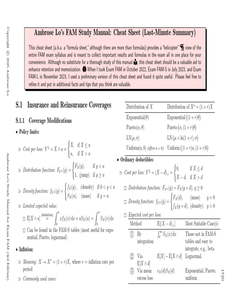 FAM Exam Cheat Sheet Summary Guide | PDF | Reinsurance | Insurance