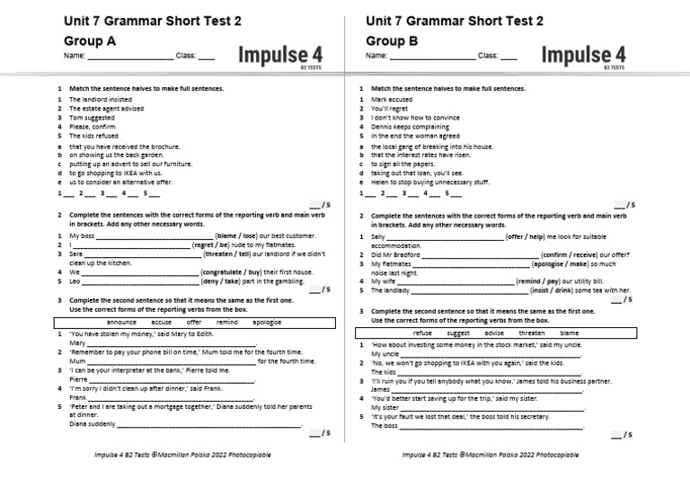 Unit 7 Grammar Short Test 2 A+b | PDF