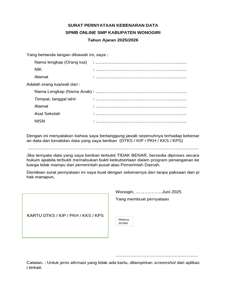 Surat Pernyataan Kebenaran Data PPDB Jalur Afirmasi New | PDF