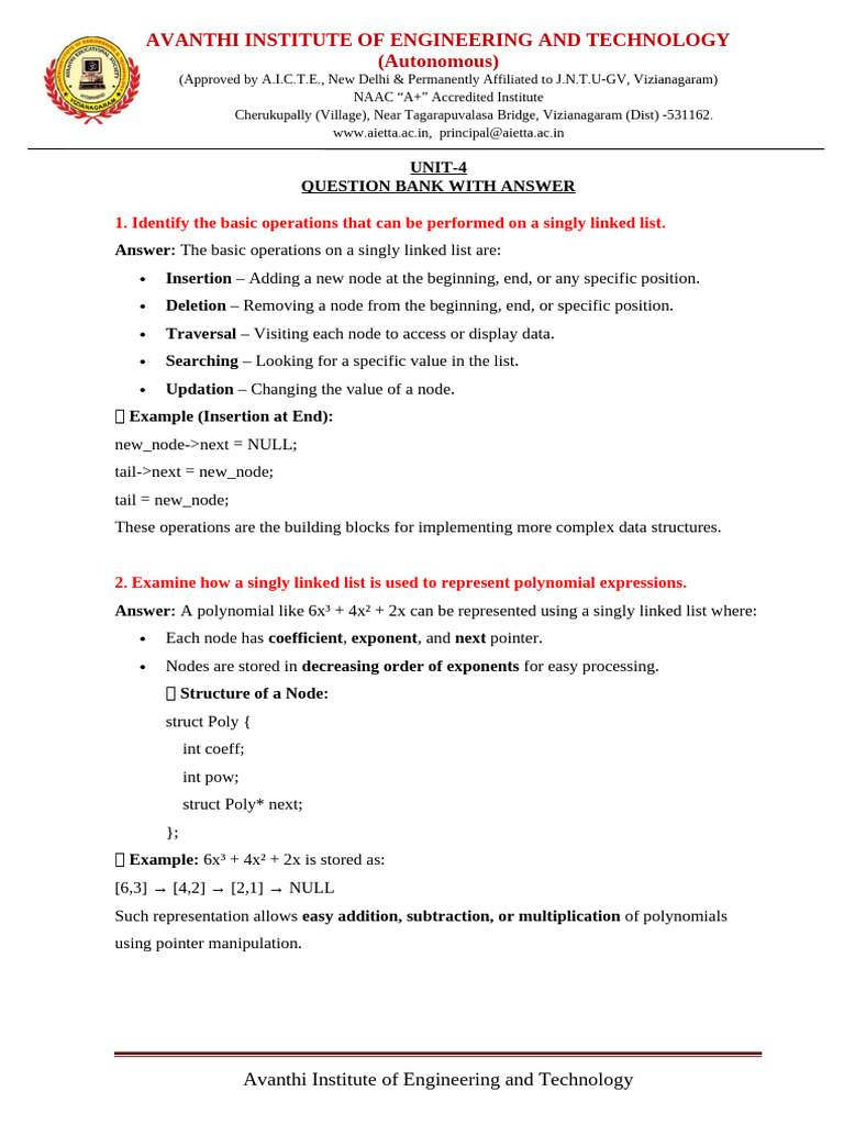 DS Unit-4 Question Bank Answers | PDF | Pointer (Computer Programming) | Matrix (Mathematics)