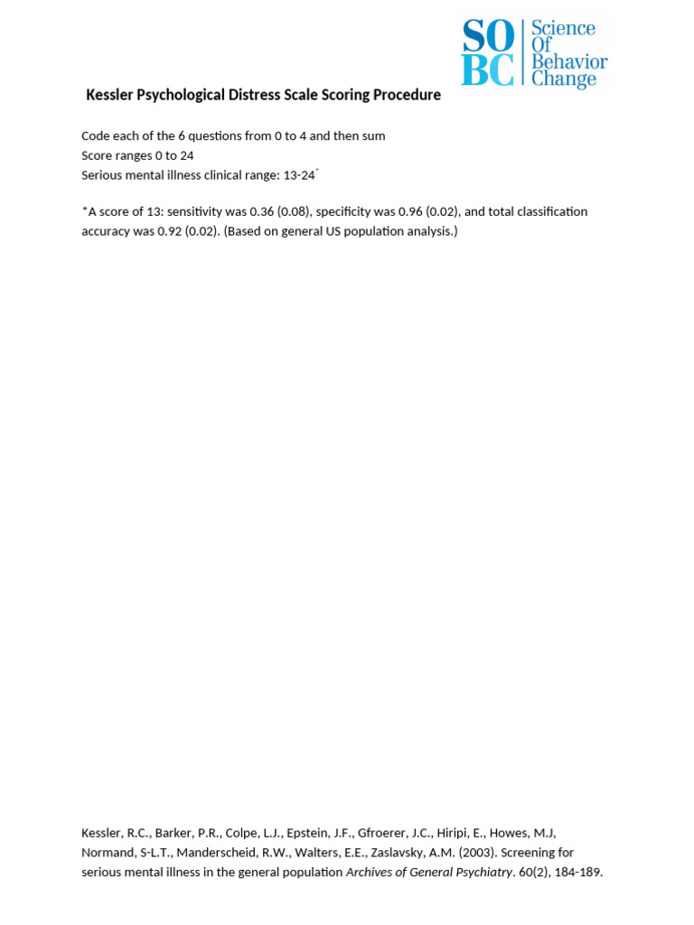 Kessler Psychological Distress Scale Scoring | PDF