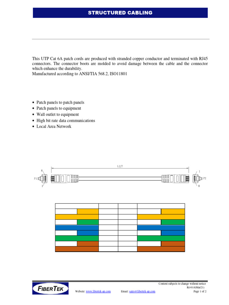 UTP Cat 6A Patch Cords Specifications | PDF | Electrical Connector ...