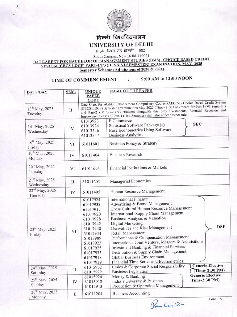 Datesheet, BMS Sem - II, IV, VI May 2025 | PDF