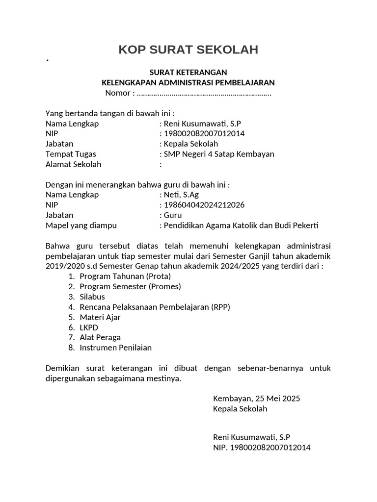 Contoh Template Surat Keterangan Pengelolaan Administrasi Pembelajaran ...