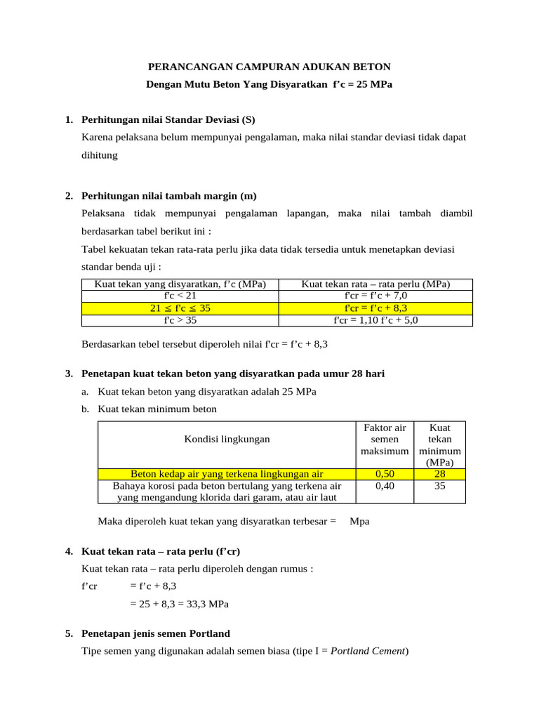 Mix Design Campuran Beton Denga Metode Sni | PDF