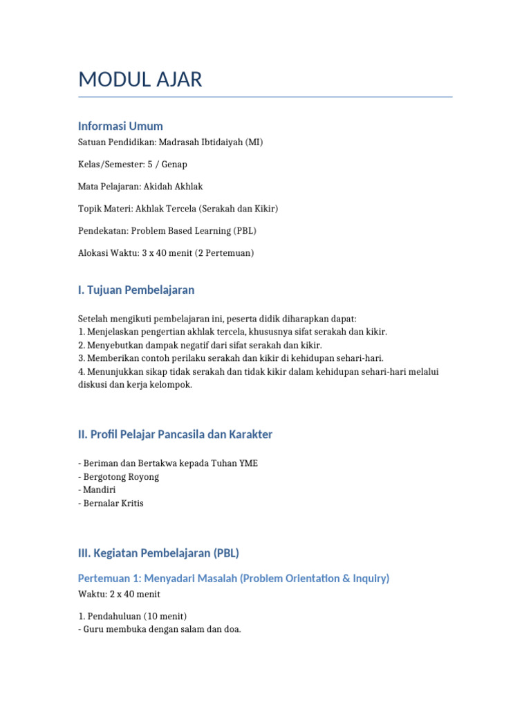 Modul Ajar PBL Akidah Akhlak Kelas5 | PDF