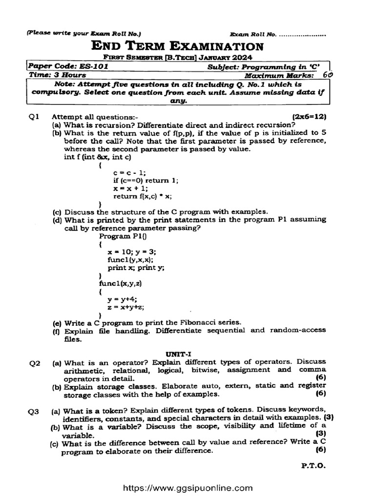 Btech 1 Sem Programming in C Es 101 Jan 2024 | PDF