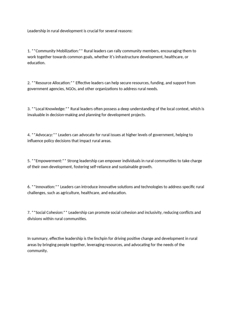 Importance of Leadership in Rural Development | PDF | Leadership ...