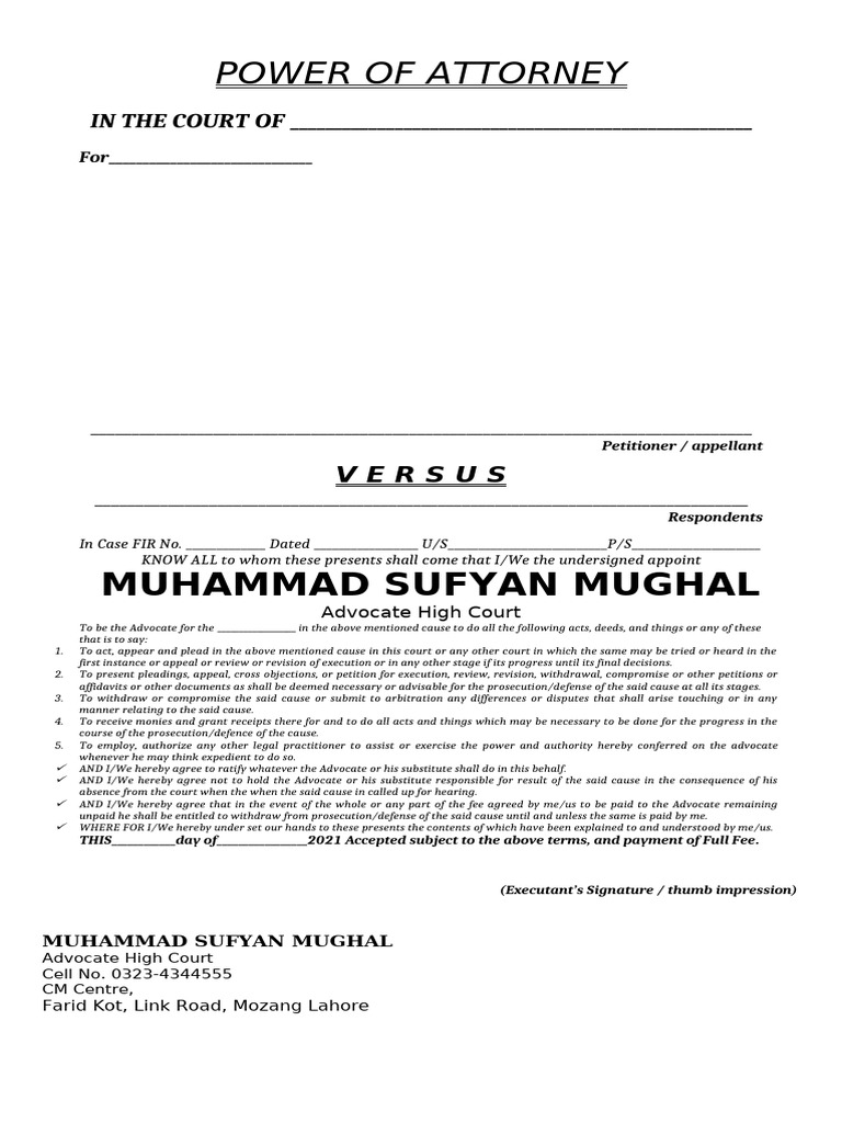 1 Power of Attorney M Sufyan Mughal Adv | PDF | Advocate | Government