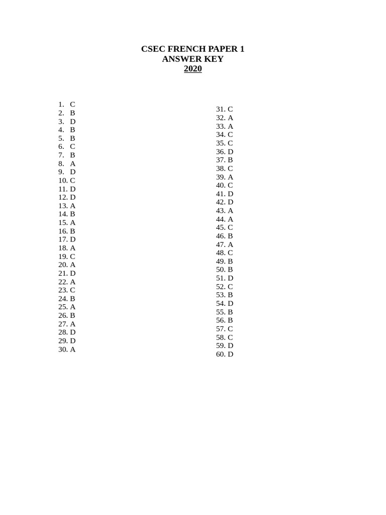 CSEC French Paper 1 Answer Keys 1 | PDF