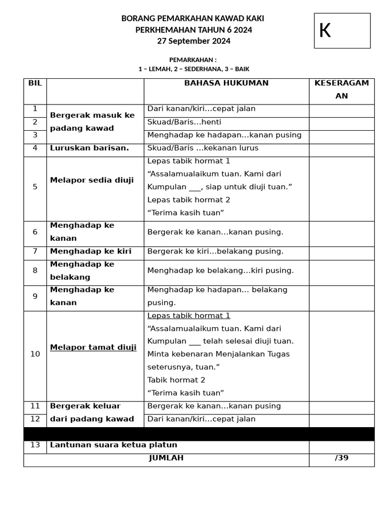 Borang Pemarkahan Kawad Kaki | PDF