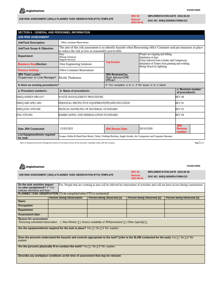 JRA Jig Plant- Repair of Tank | PDF | Personal Protective Equipment | Waste