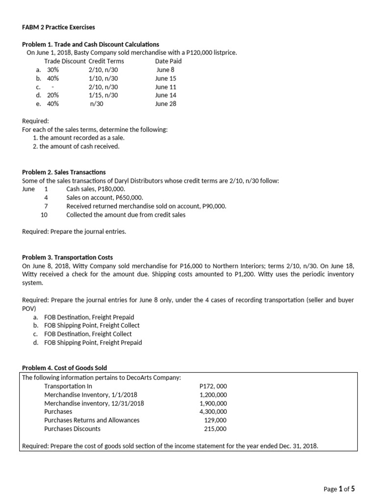 FABM2 Practice Exercises 1 | PDF | Value Added Tax | Merchandising