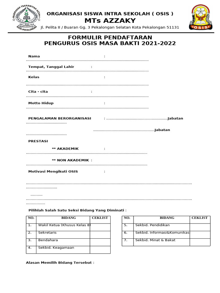 Formulir Pengurus 2021 | PDF