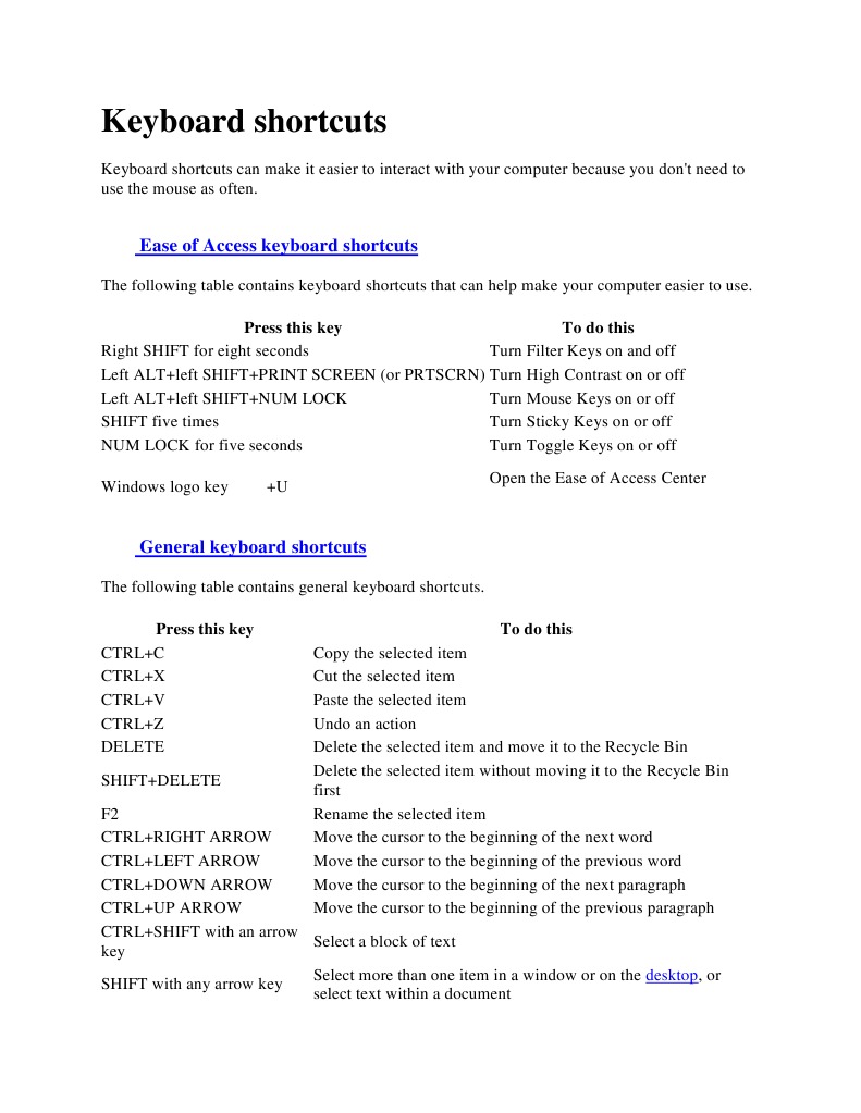 Ease of Access Keyboard Shortcuts | PDF | Computer Keyboard | Computing Platforms