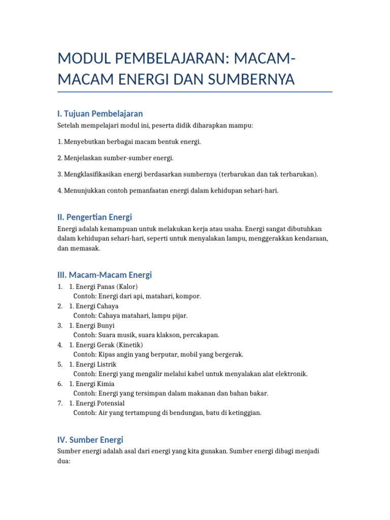 Modul Pembelajaran Energi Dan Sumbernya | PDF