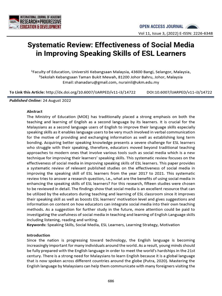 Systematic Review: Effectiveness of Social Media in Improving Speaking Skills of ESL Learners ...