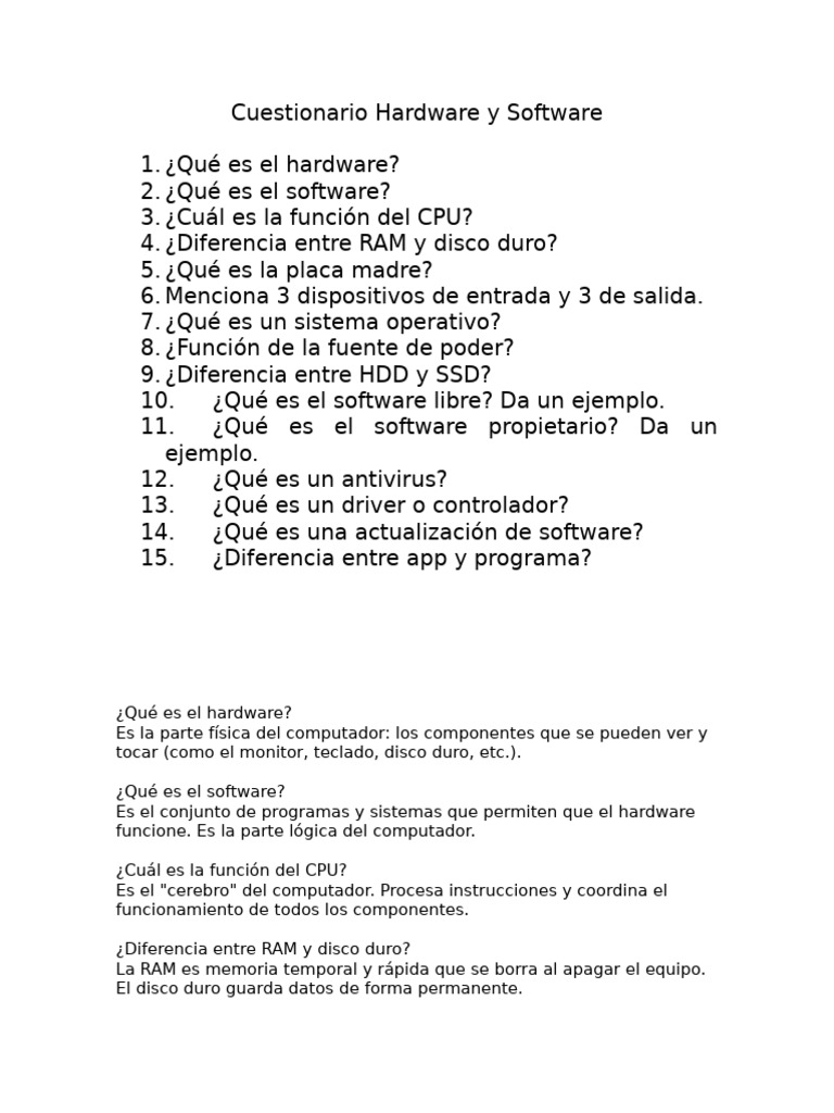 Cuestionario Hardware y Software | PDF | Hardware de la computadora | Informática