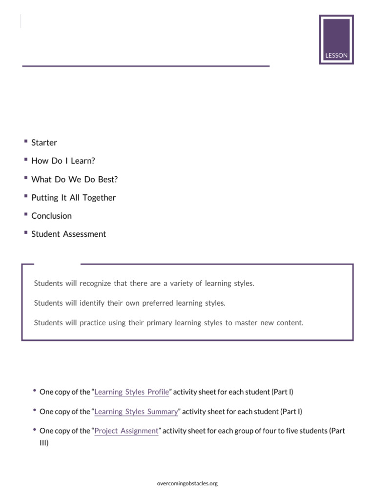 Lesson 1 - Identifying Your Learning Style | PDF | Learning Styles ...