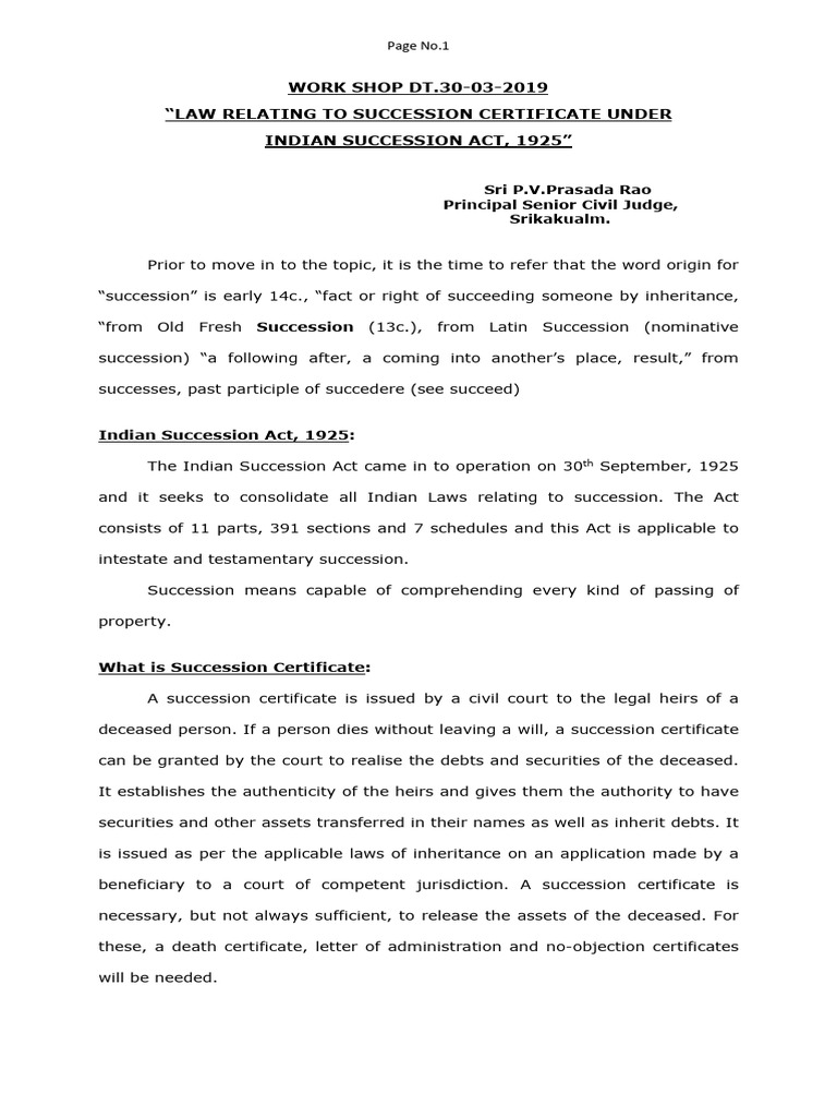 Succession Certificate Under Indian Law | PDF | Probate | Will And ...