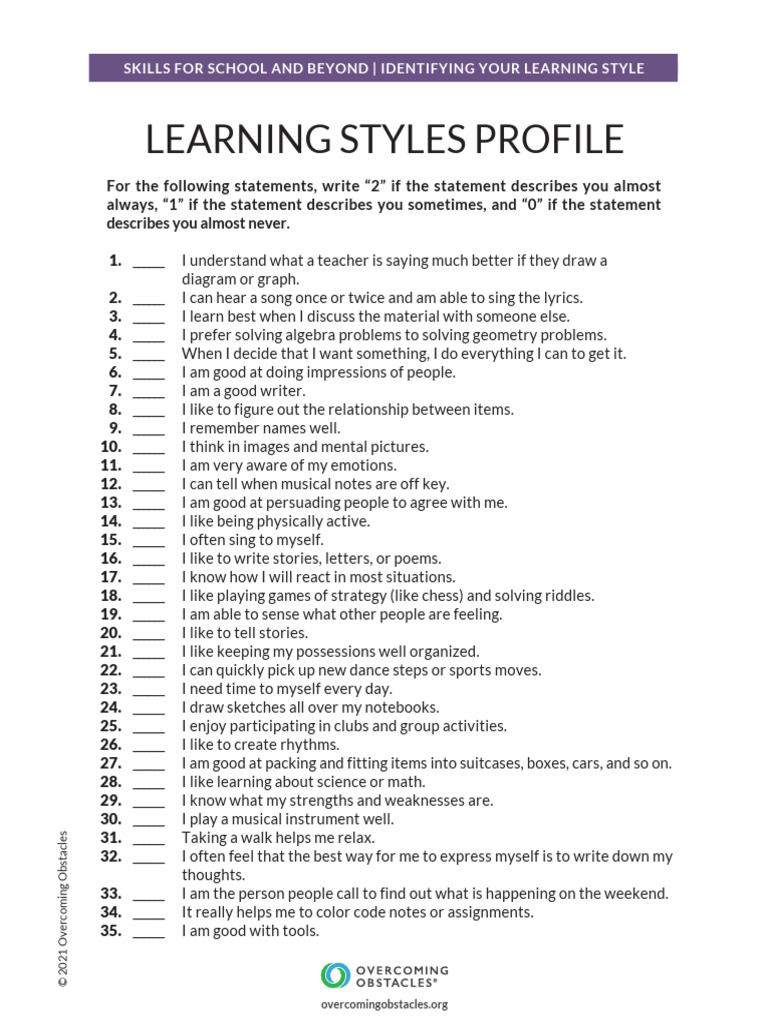 Lesson 1 Identifying Your Learning Style Activity Sheets | PDF ...