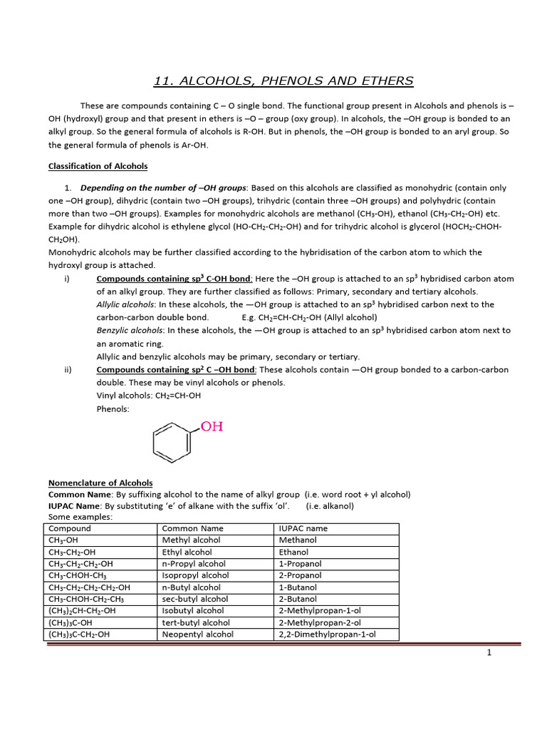 PLus Two Chapter 11. Alcohols-Phenols and Ethers-REVISED | PDF | Ether | Aldehyde