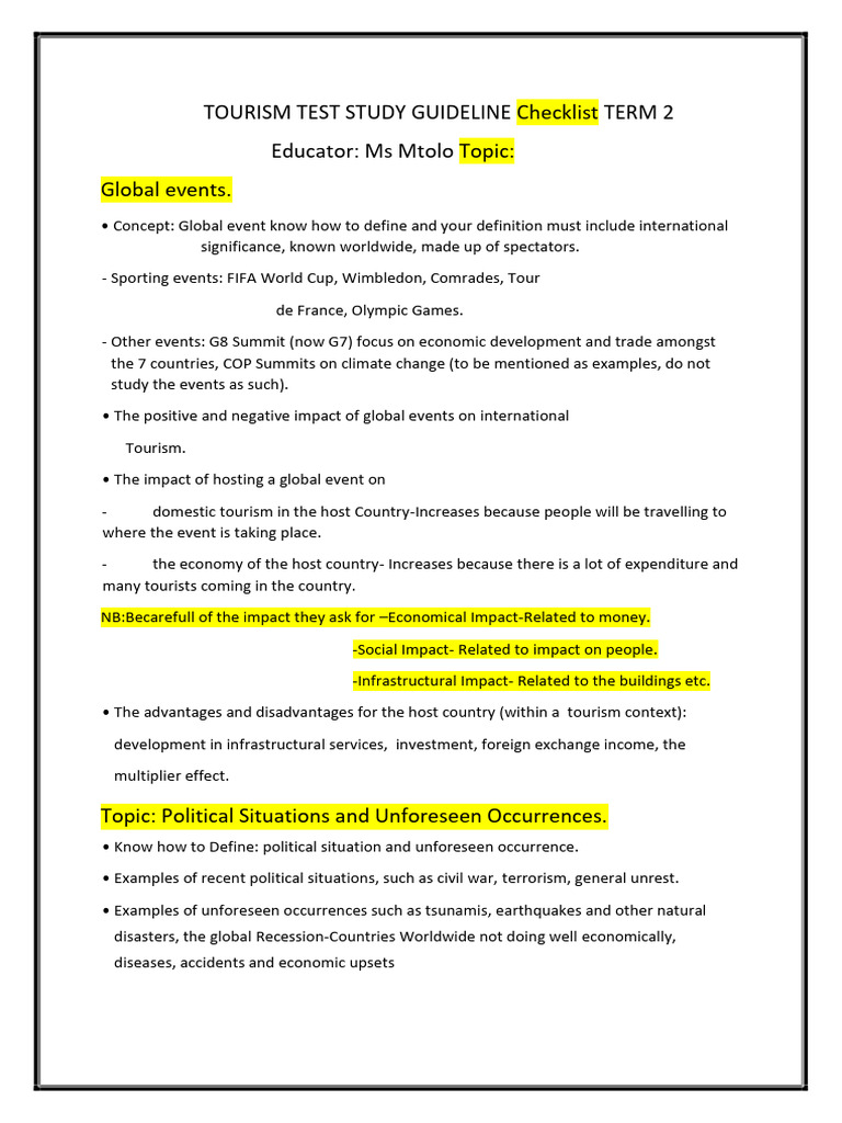 Tourism Study Checklist Term 2 | PDF | Tourism | Travel Visa