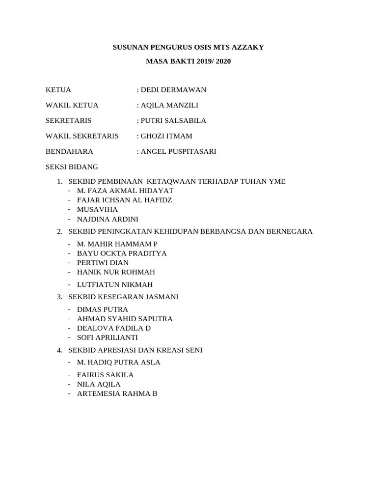 Susunan Pengurus Osis 2019 | PDF