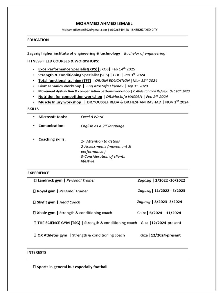 Mohamed Ismael: Fitness Trainer CV | PDF