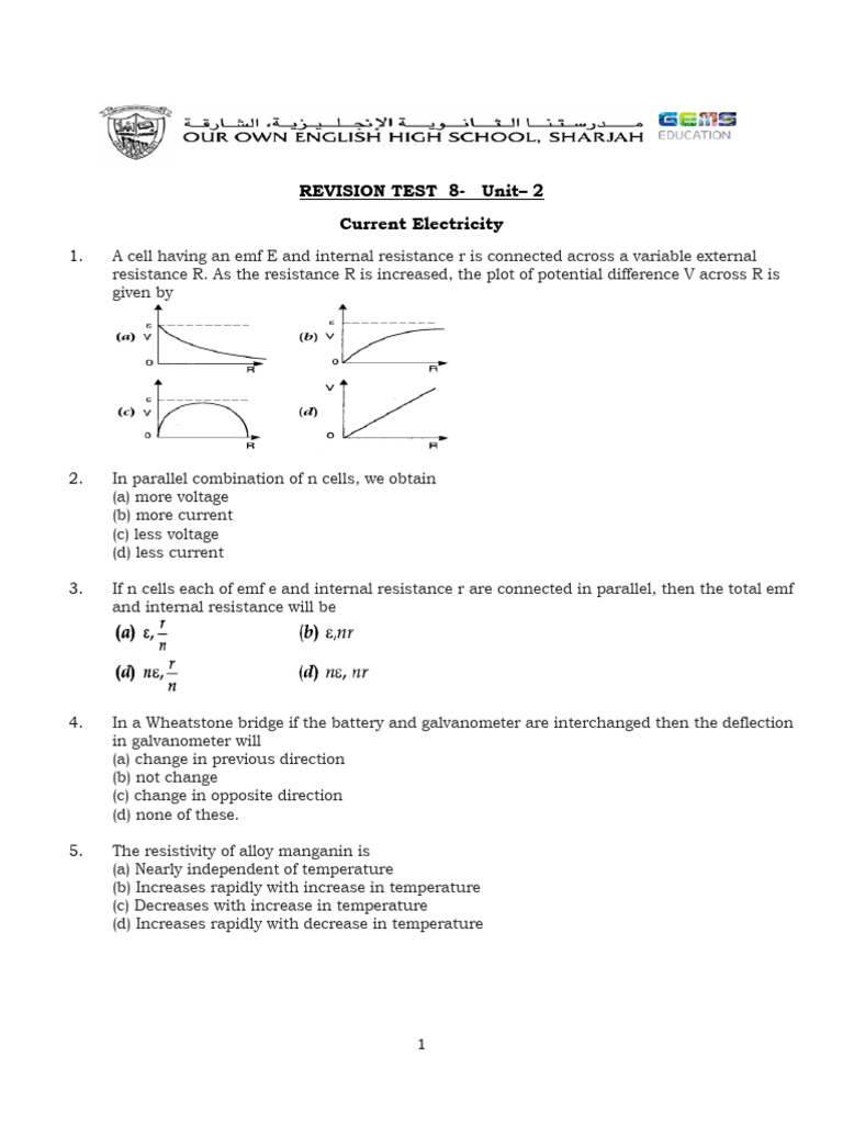 Revision Test 8 - Current Electricity | PDF | Electrical Resistivity ...