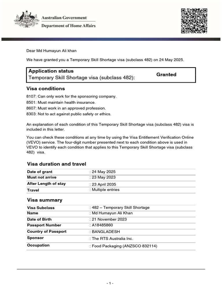 A18485860 MD Humayun Ali Khan Australia E-Visa | PDF | Travel Visa ...