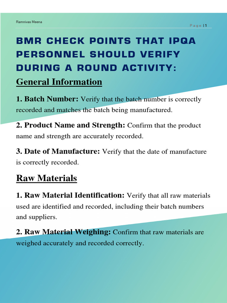 BMR Check Points During Round Activity | PDF