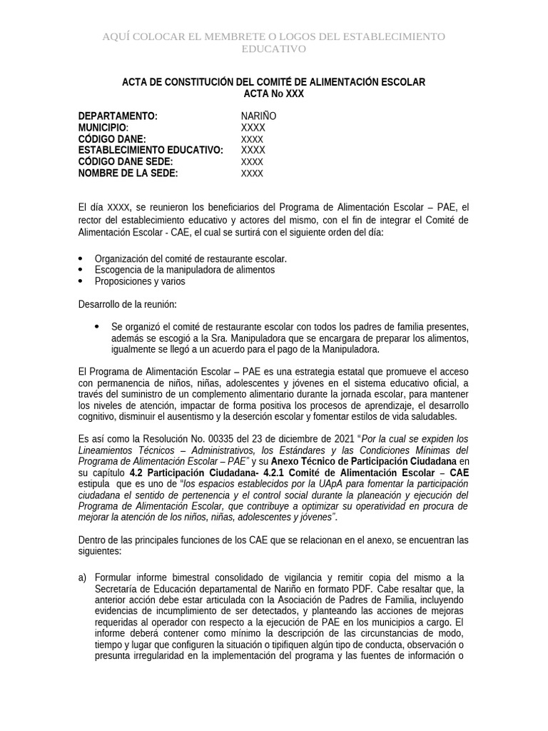 Formato-Acta de Constitución Del Comité de Alimentación Escolar-Cae 2025 | PDF