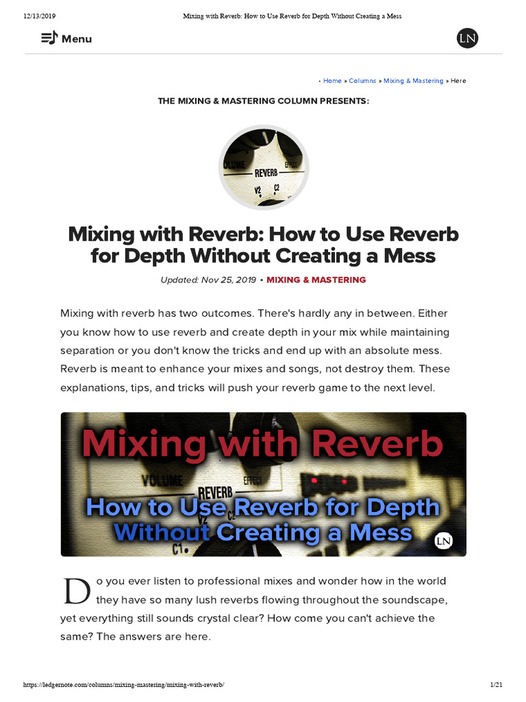Mixing With Reverb - How To Use Reverb For Depth Without Creating A Mess | PDF | Sound ...