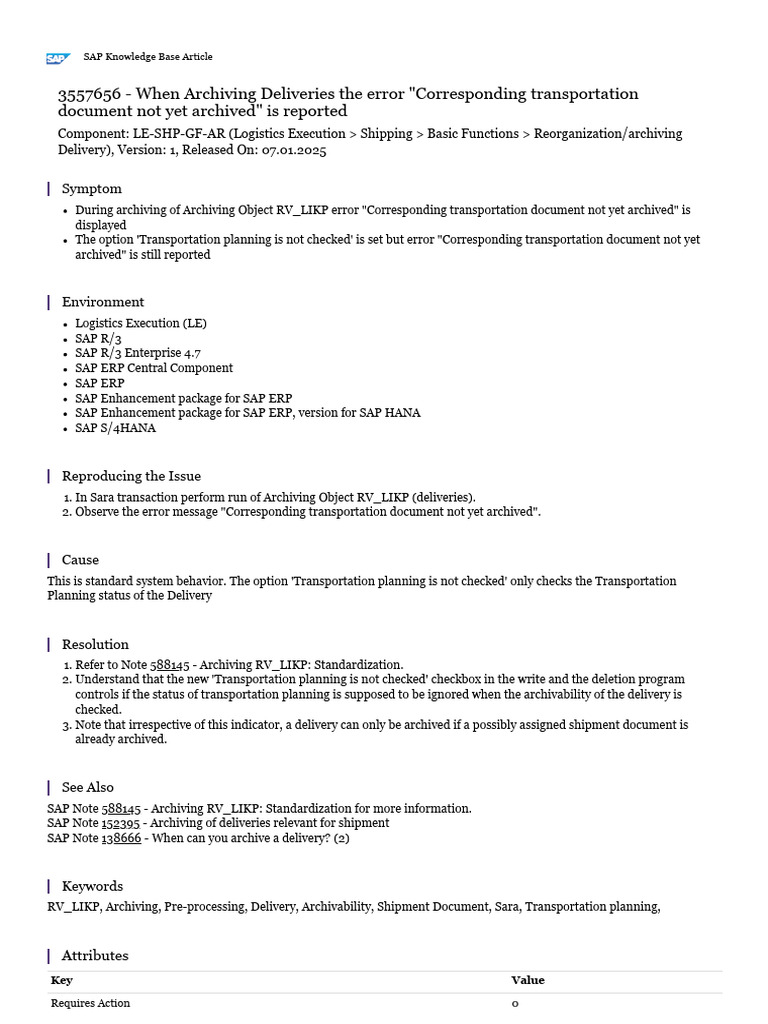When Archiving Deliveries The Error Corresponding Transportation Document Not Yet Archived Is ...