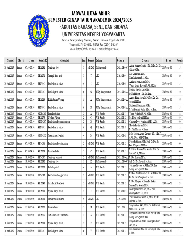 PB Jawa - S1 Jadwal UAS Genap 2024 | PDF