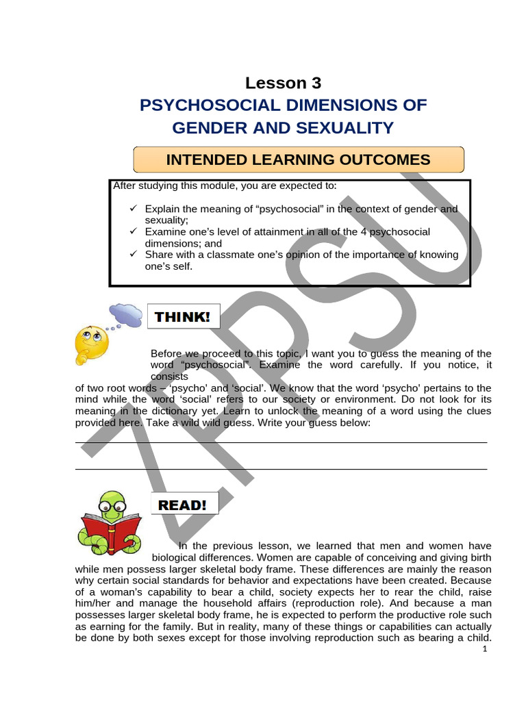 Module 1 Lesson 3 Psychosocial Dimensions | PDF | Gender | Gender Studies