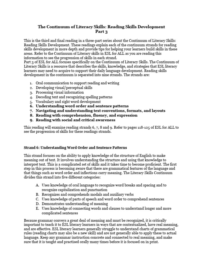 M3.6 The Continuum of Literacy Skills Reading Skills Development Part 3 | PDF | Literacy ...