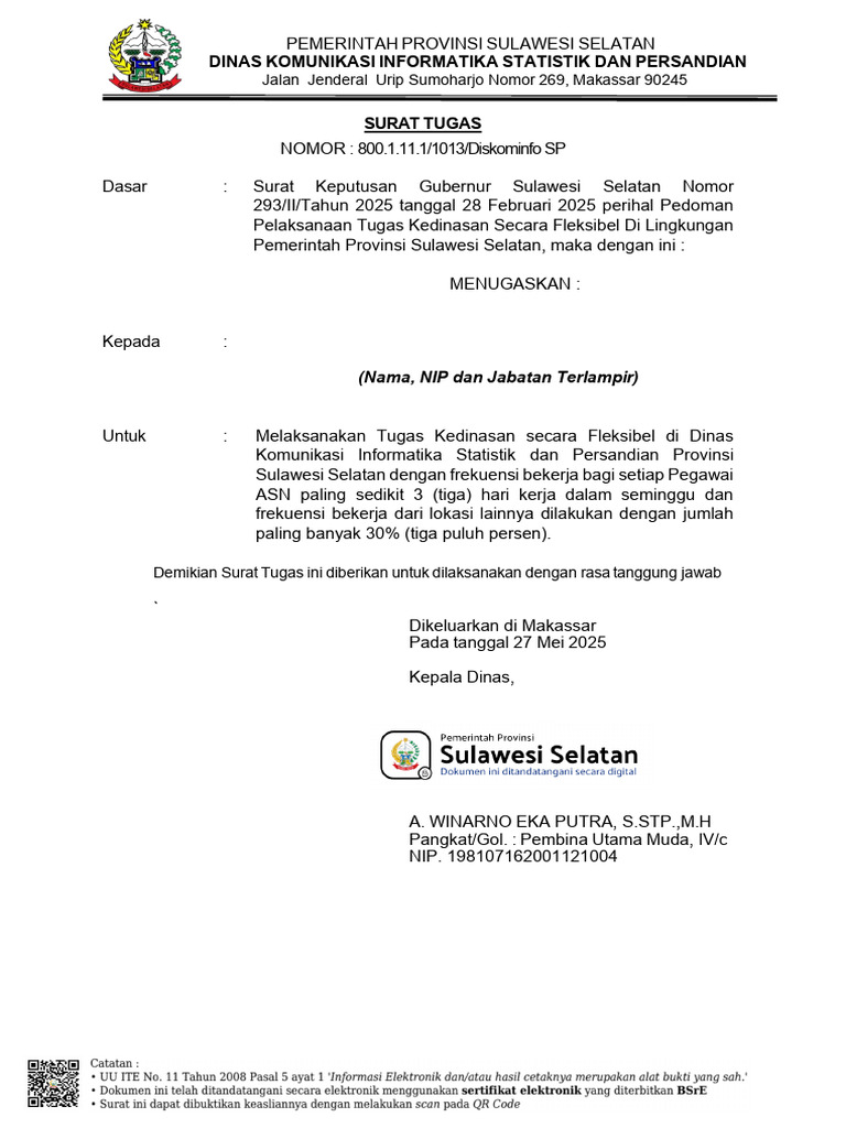Surat Tugas WFA Diskominfo-SP Bulan Juni 2025 | PDF