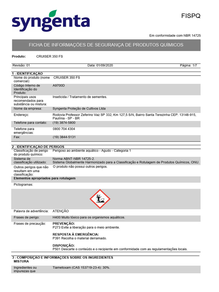 FISPQ do Inseticida Cruiser 350 FS | PDF | Incêndios | Dióxido de carbono