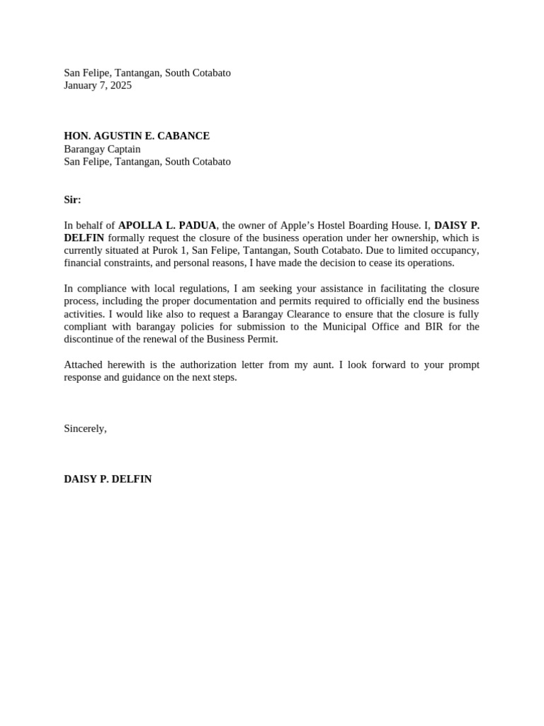 Letter Request for Closure of Boarding House | PDF