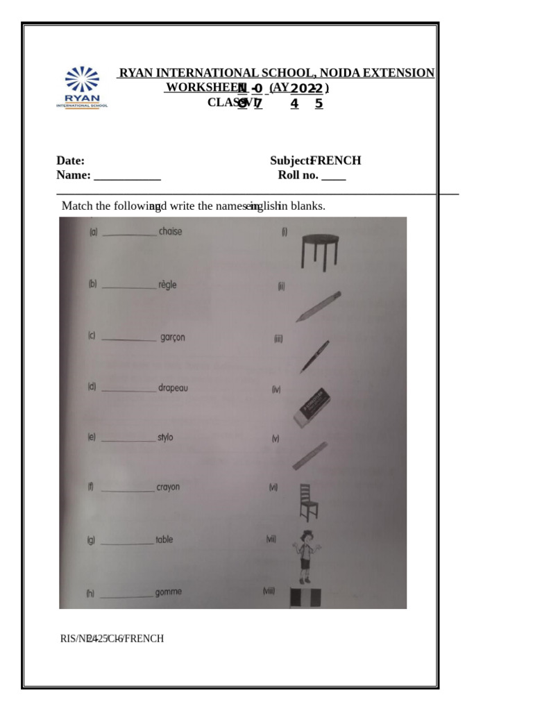 Class 6 French Worksheet - 07 Matching - Ic965698 | PDF