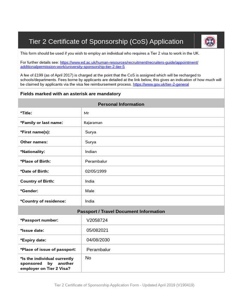 t2 Cos Application Form v190419 UK | PDF | Academic Degree | Travel Visa