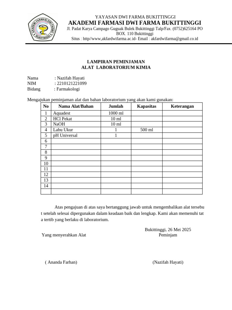 Peminjaman Alat Laboratorium Kimia | PDF