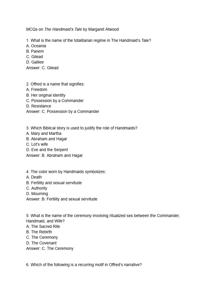 Handmaid's Tale Quiz Questions | PDF