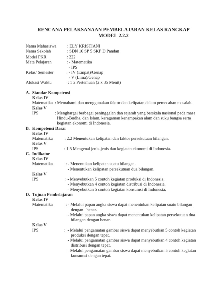 RPP Kelas Rangkap Model 222 | PDF