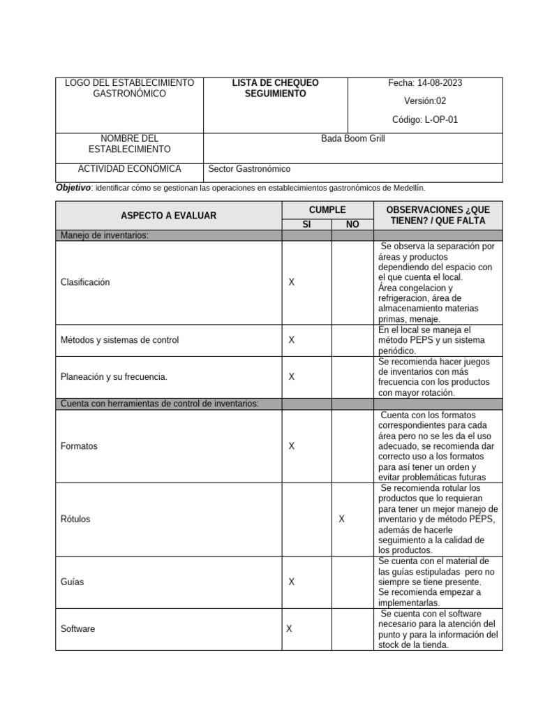 Checklist de Gestión Gastronómica Bada Boom | PDF | Planificación ...